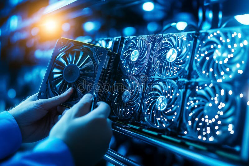 A Technician Carefully Installs a Graphics Card into a Server Rack ...