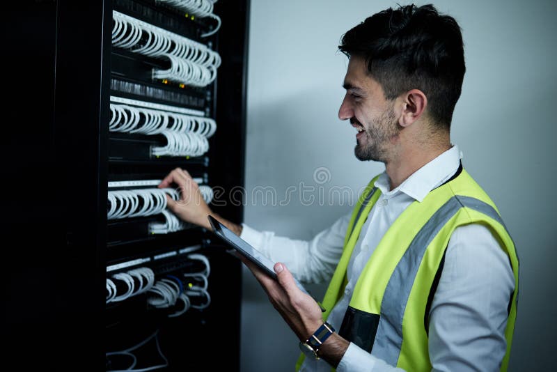 Technician, Check Server Cables and Tablet with System, Happy or ...
