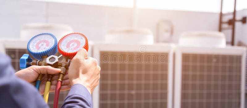 Technician is Checking Air Conditioner ,measuring Equipment for Filling ...