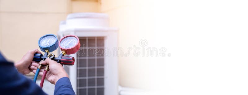 Technician is Checking Air Conditioner ,measuring Equipment for Filling ...