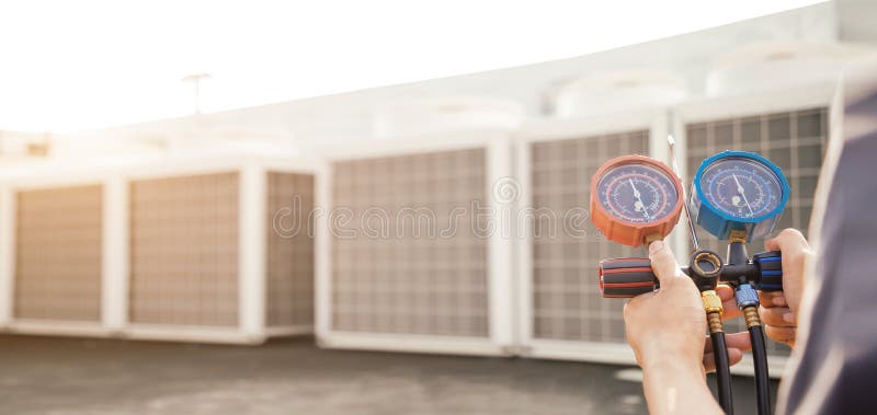 Technician is Checking Air Conditioner ,measuring Equipment for Filling ...