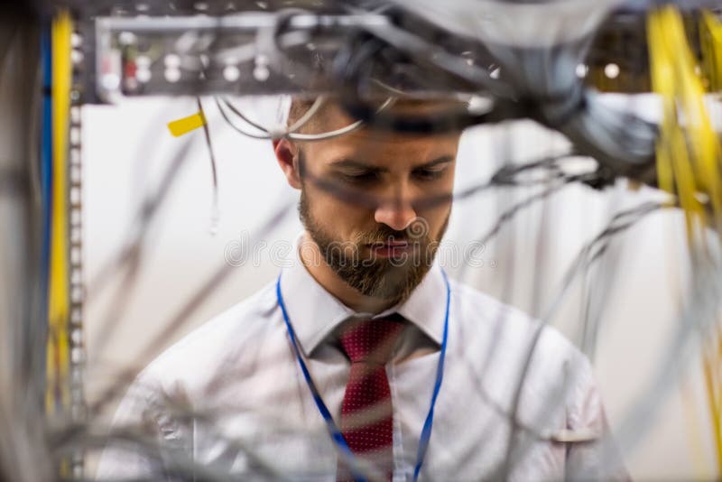 Technician Checking Cables in a Rack Mounted Server Stock Photo - Image ...