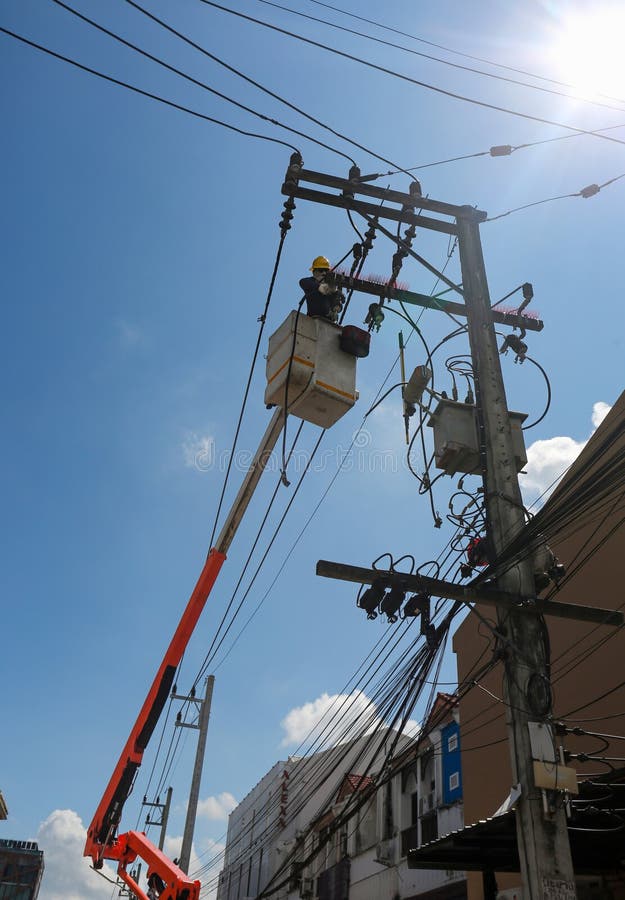 Technician Checking Fixing Broken Electric Wire on Pole Stock Photo ...
