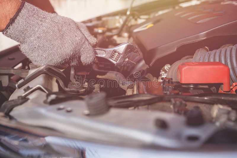 Technician Checking or Fixing Engine of Modern Car Stock Image - Image ...