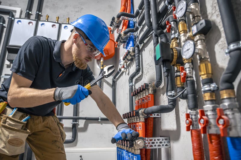 The Technician Checking the Heating System in the Boiler Room. Stock ...