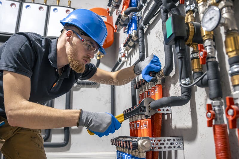 The Technician Checking the Heating System in the Boiler Room. Stock ...