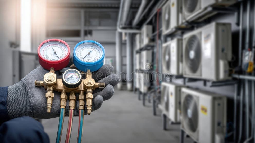 The Technician Checking Refrigerant Pressure with Gauges in an ...