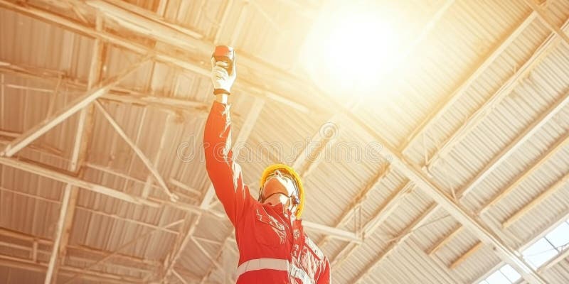 Technician Checks Warehouse Ceiling with Inspection Device, Ensuring ...