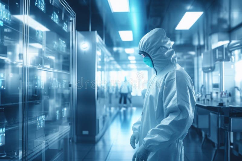 Technician in Clean Suit Walking through High-tech Manufacturing ... Technician in Clean Suit Walking through High-tech Manufacturing ...