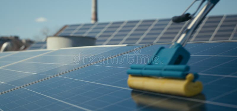 Technician Cleaning Solar Panels on Flat Roof Stock Image - Image of ...