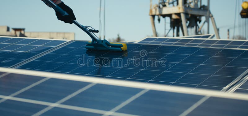 Technician Cleaning Solar Panels on Flat Roof Stock Photo - Image of ...