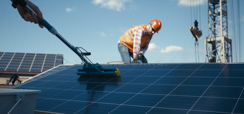 Technician Cleaning Solar Panels on Flat Roof Stock Image - Image of ...