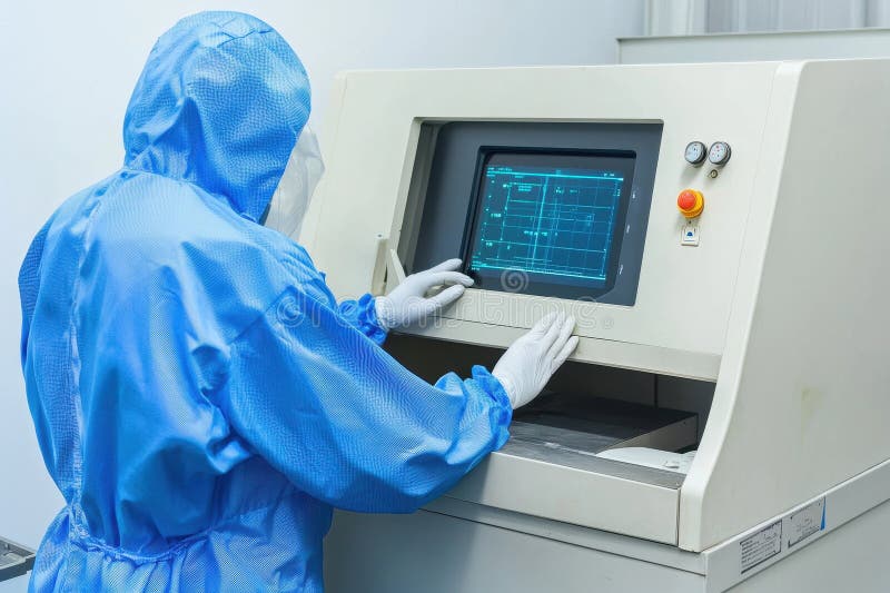 Technician in Cleanroom Suit Working on Machinery in High-Tech Factory ...