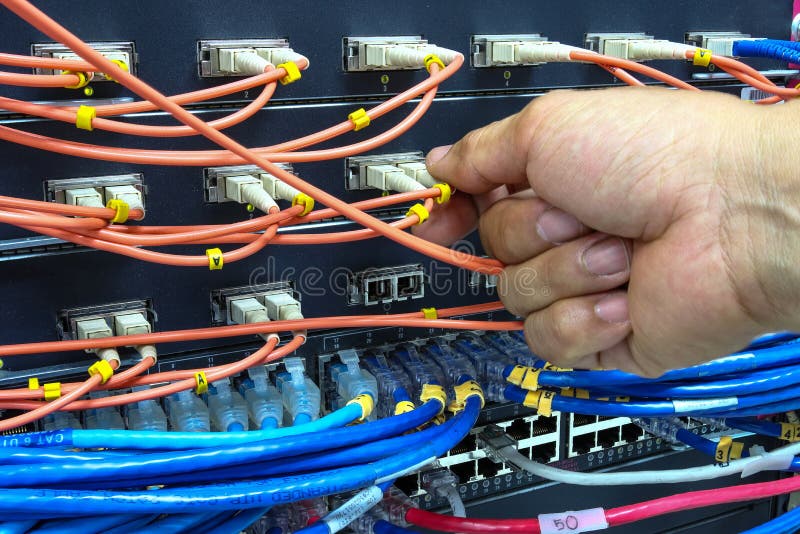 Technician Connect Fiber Cable Network To Switch Port in Server Room ...