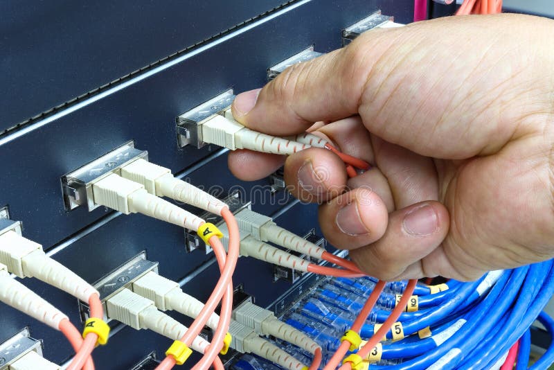 Technician Connect Fiber Cable Network To Switch Port in Server Room ...