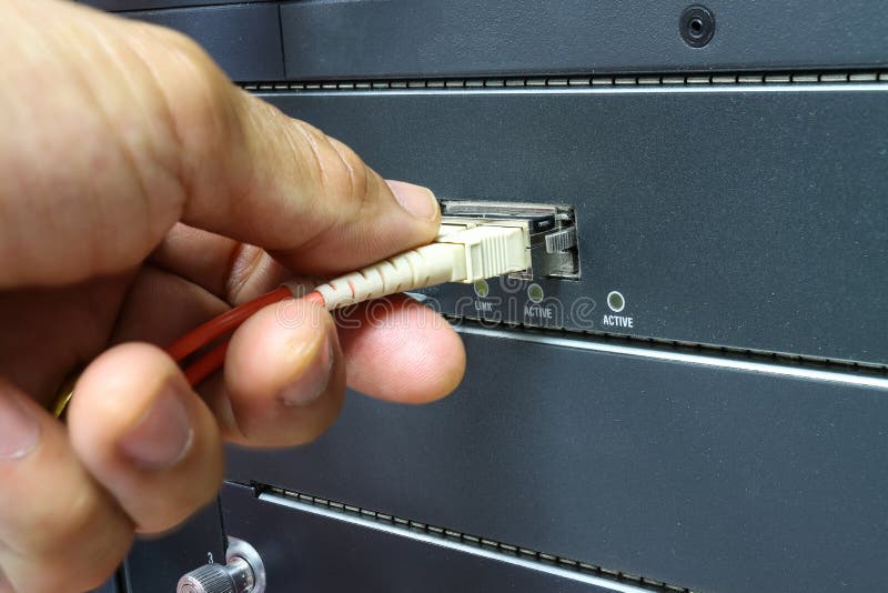 Technician Connect Fiber Cable Network To Switch Port in Server Room ...