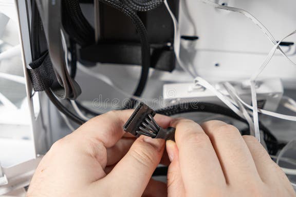 Technician Connecting Black SATA Power Cable Inside Computer Case ...