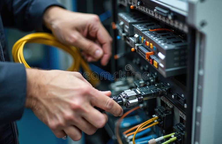 Technician Connecting Fiber Optic Cables To Server Terminal in Data Center. Network Engineer ...