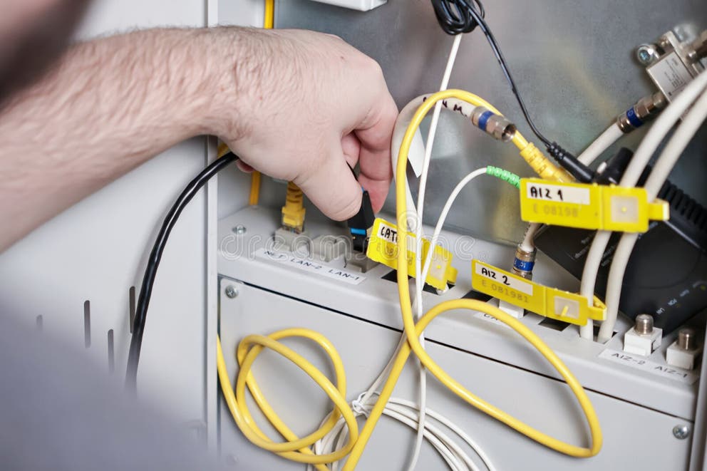 Technician Connecting Network Cables in Server Panel, Internet and ...