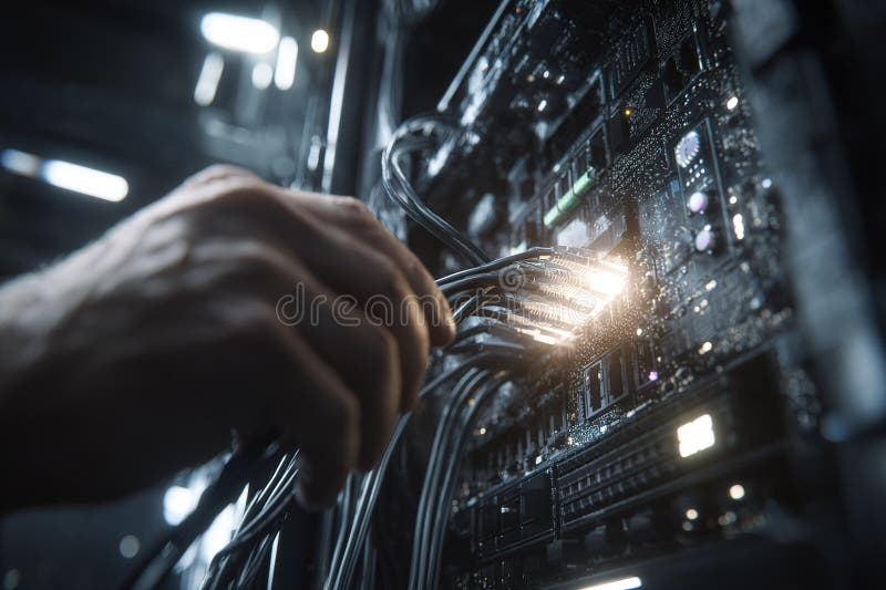 Technician Connects Cables To Server in Data Center during Maintenance ...