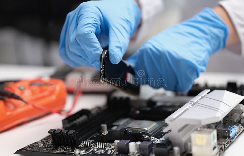 Technician Connects CPU Microprocessor To Motherboard Socket Stock ...