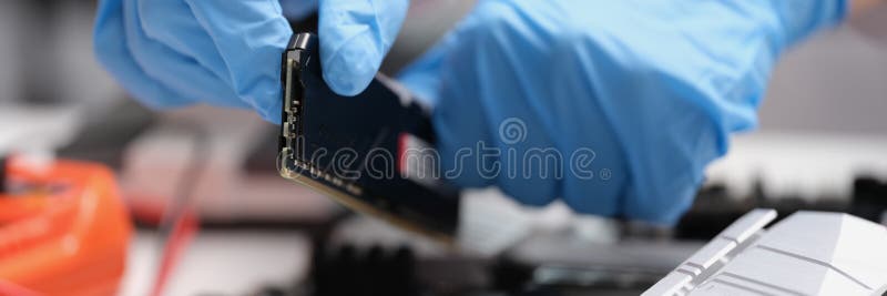 Technician Connects CPU Microprocessor To Motherboard Socket Stock ...