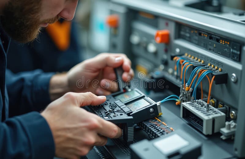 Technician Connects Fiber Optic Cables. Server Room, Data Center ...