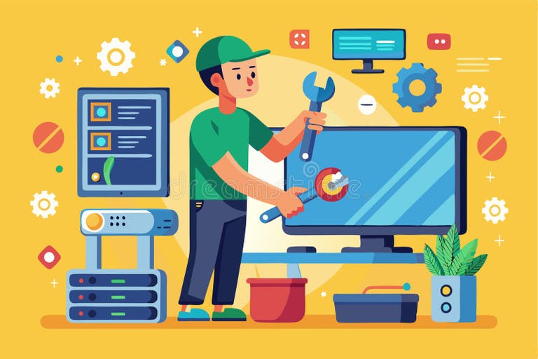 A Technician is Diligently Fixing a Computer Screen with Various Tools ...