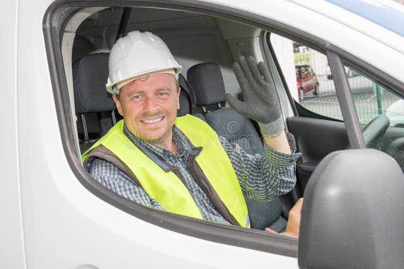 Technician Driving Van with Security Helmet Driver Stock Photo - Image ...