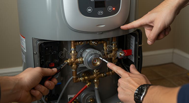 Technician Duo Inspecting Water Heater System for Maintenance Check ...