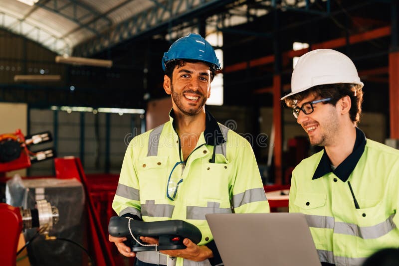 Technician Engineer Checking and Repairing Automatic Robotic Machine ...