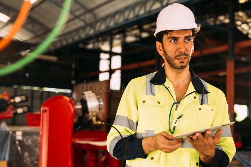 Technician Engineer Checking and Repairing Automatic Robotic Machine ...