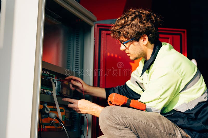 Technician Engineer Checking and Repairing Automatic Robotic Machine ...