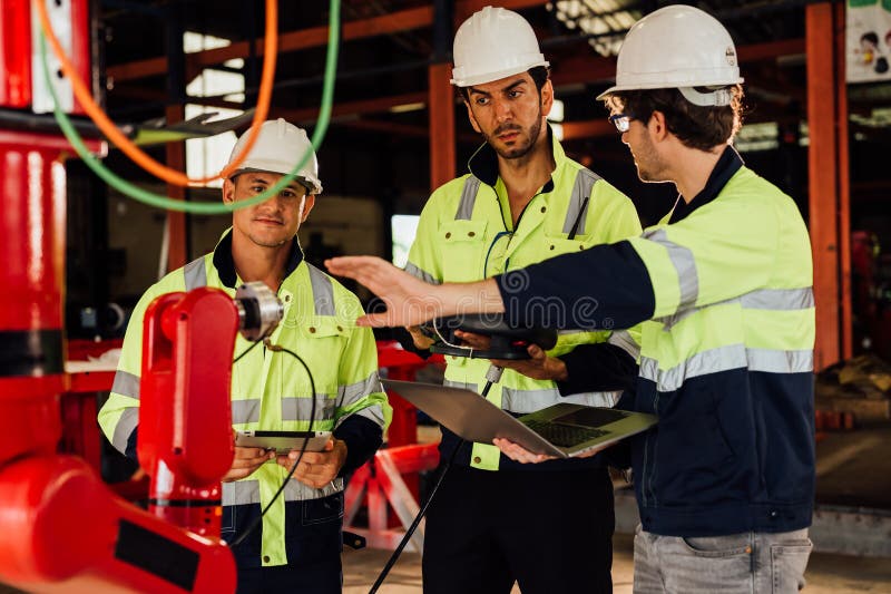 Technician Engineer Checking and Repairing Automatic Robotic Machine ...