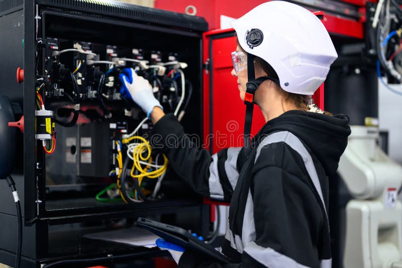 Technician Engineer Holding Robot Controller Checking Automatic Robotic ...