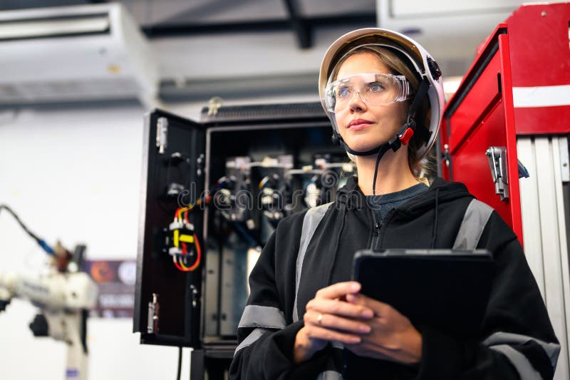 Technician Engineer Holding Robot Controller Checking Automatic Robotic ...