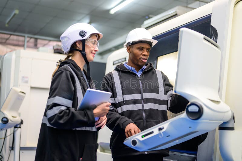 Technician with White Helmet Checking and Repairing Part Stock Photo ...