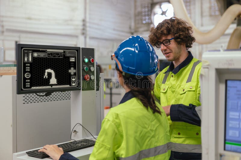Portrait Young Man and Women Engineer Worker Team Work Service Support ...