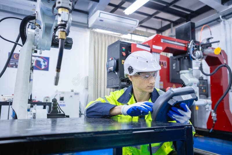 Technician Engineer Using Remote Control Automation Robotics at ...