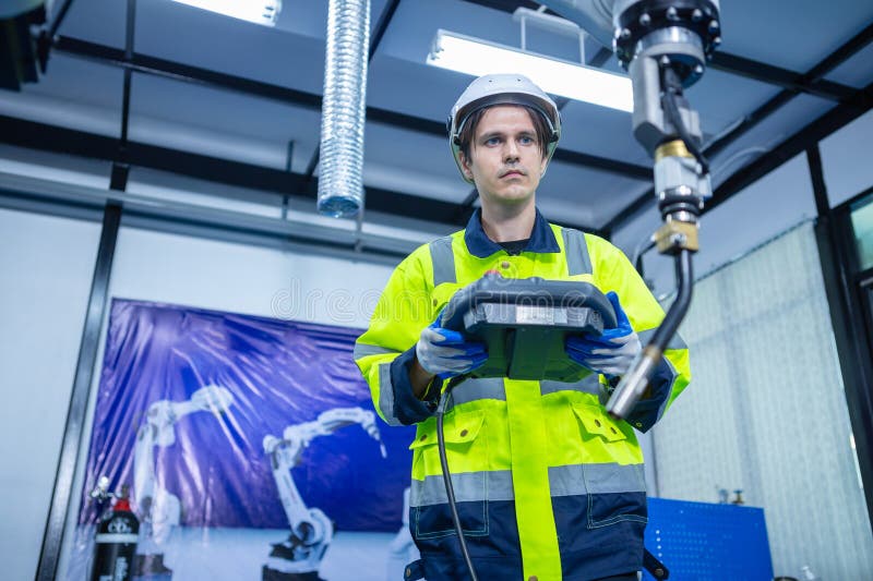 Technician Engineer Using Remote Control Automation Robotics at ...