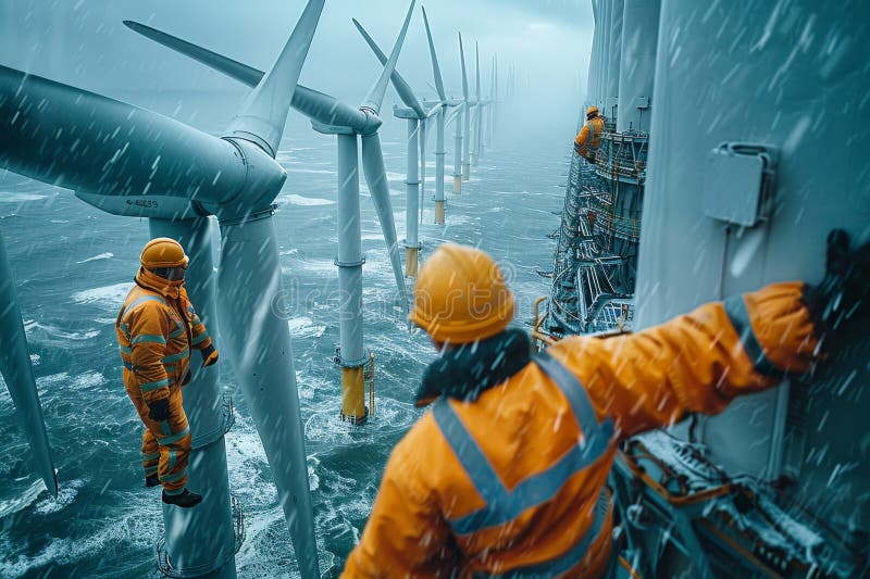 Technician Engineers Conduct Inspection at Wind Turbine Power Station ...