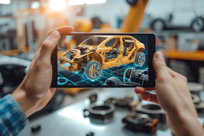 Technician EV Car Engineer Using Virtual Reality Goggle Software To ...