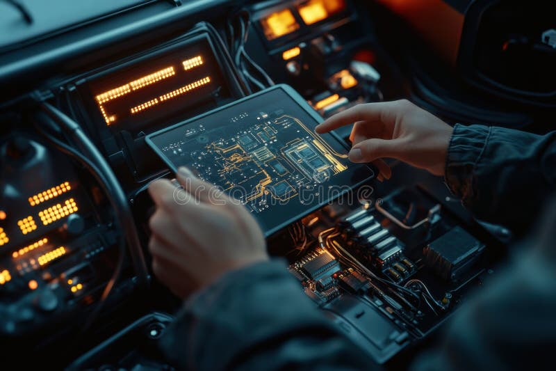 Technician Analyzes Complex Circuit Board Layout Using Tablet in ...