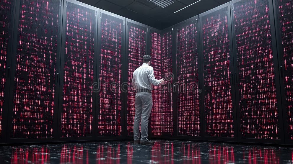 A Technician Examines Server Racks with Glowing Data Streams Stock ...