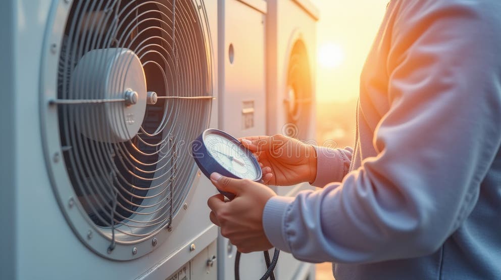 Technician Examining Air Conditioning Unit with a Manometer at Sunset ...