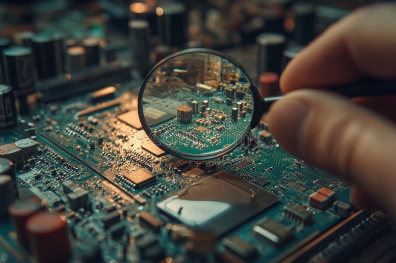 Technician Examining Electronic Circuit Board with Magnifying Glass ...