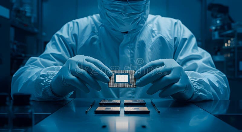 Technician Examining Microchip in Cleanroom for Semiconductor ...