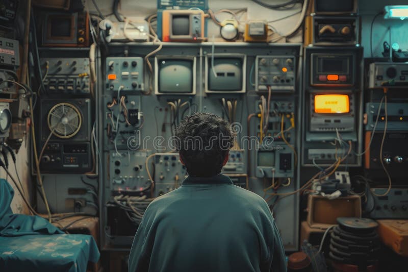 Technician is Facing a Wall of Vintage Electronics and Screens ...