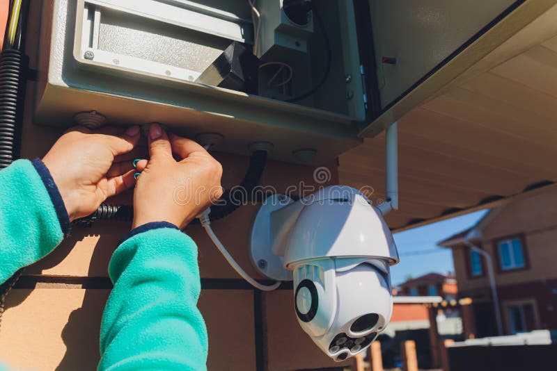 Technician Female Setup Cctv Camera on Wall. Stock Image - Image of ...
