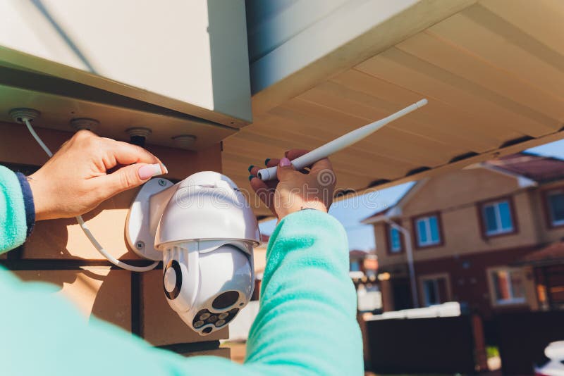 Technician Female Setup Cctv Camera on Wall. Stock Image - Image of ...